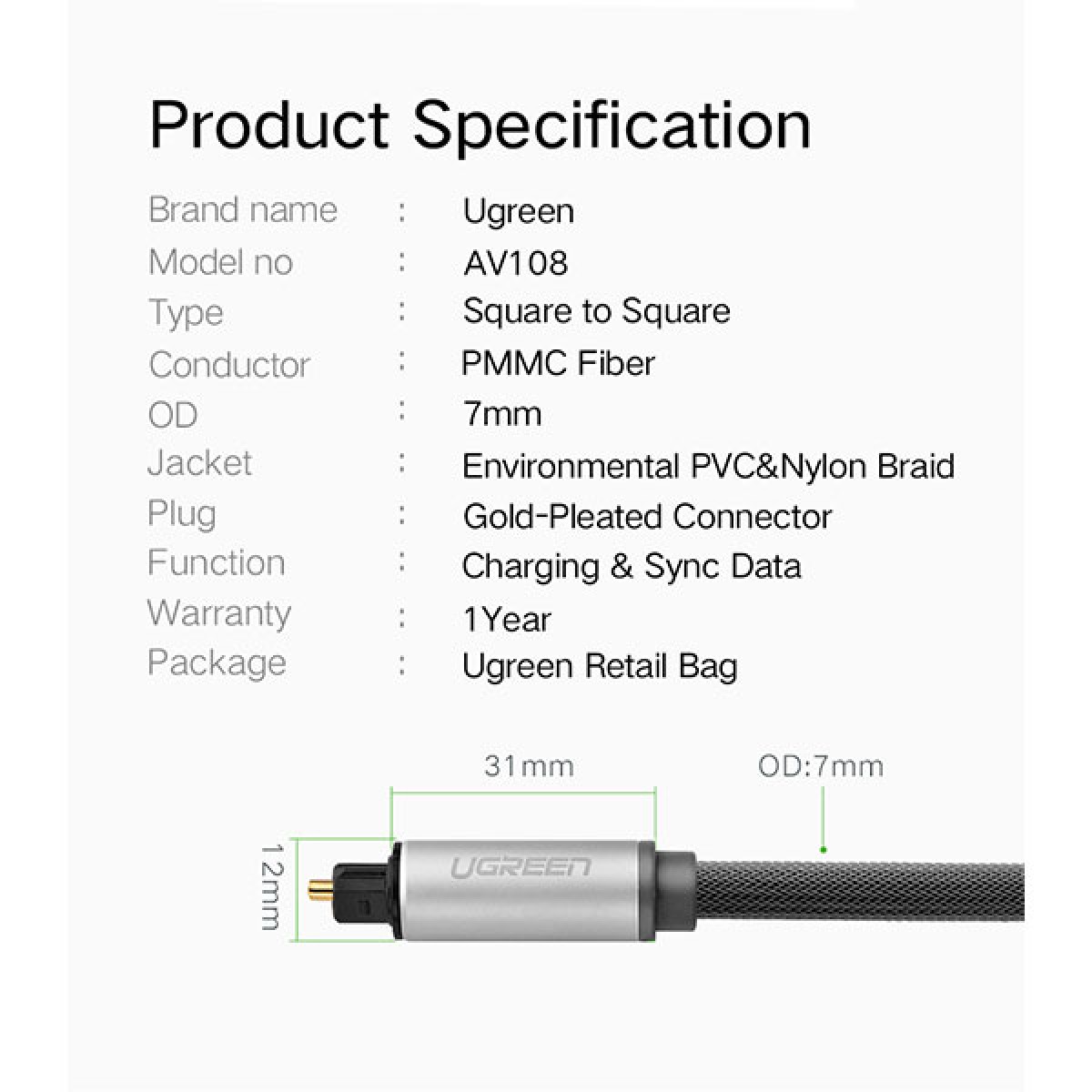UGREEN AV108 (10541) Toslink Optical Audio Cable - 3M Price in BD
